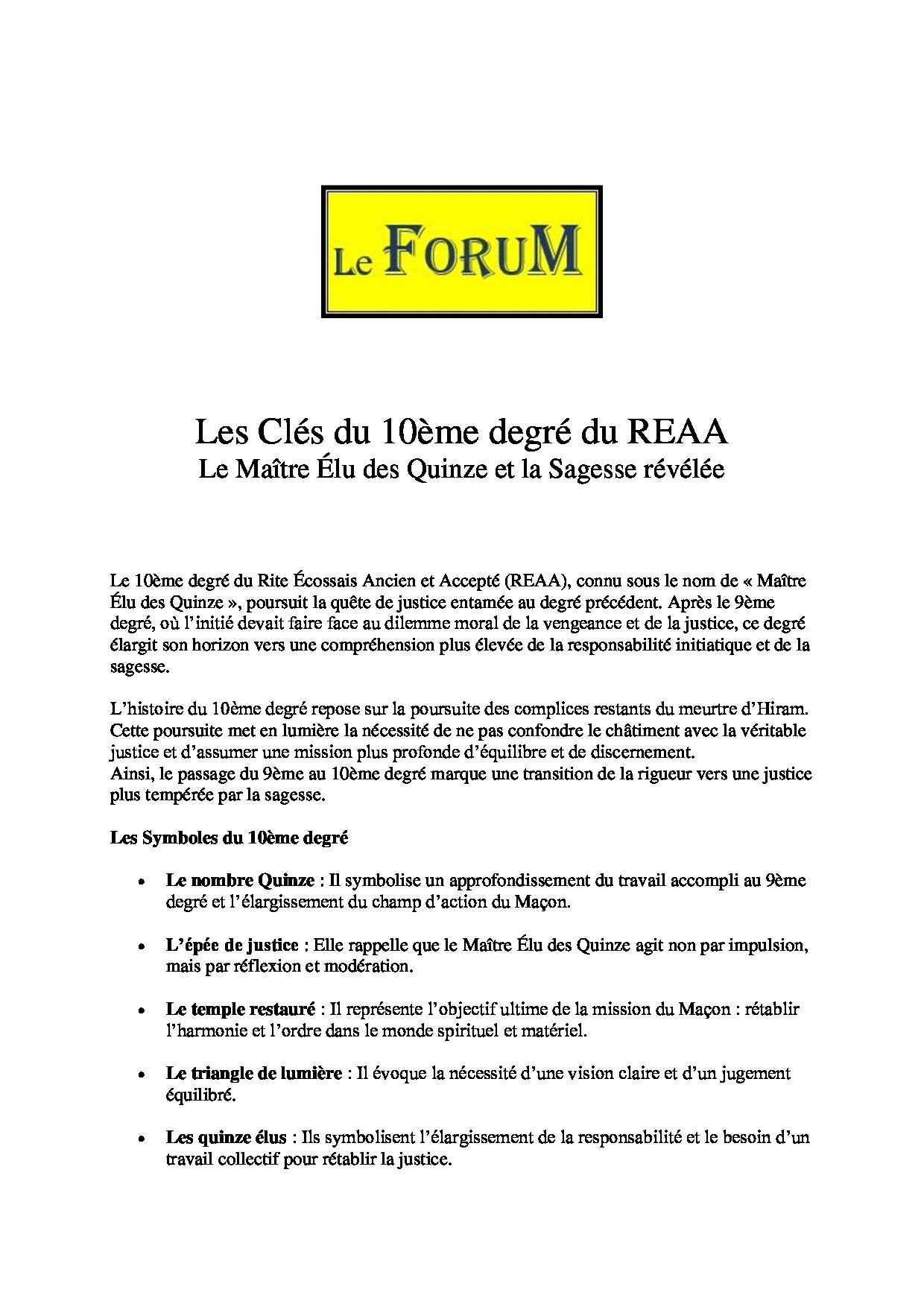 Les Clés du 10ème degré du REAA - Le Forum FM