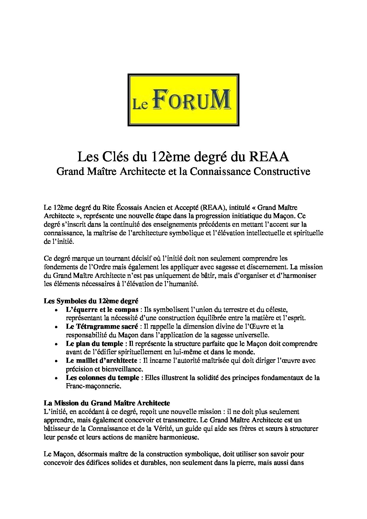Les Clés du 12ème degré du REAA - Le Forum FM