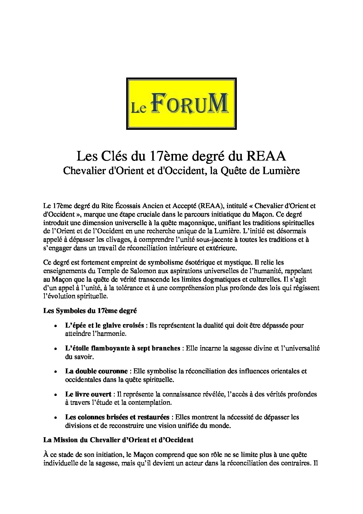 Les Clés du 17ème degré du REAA - Le Forum FM