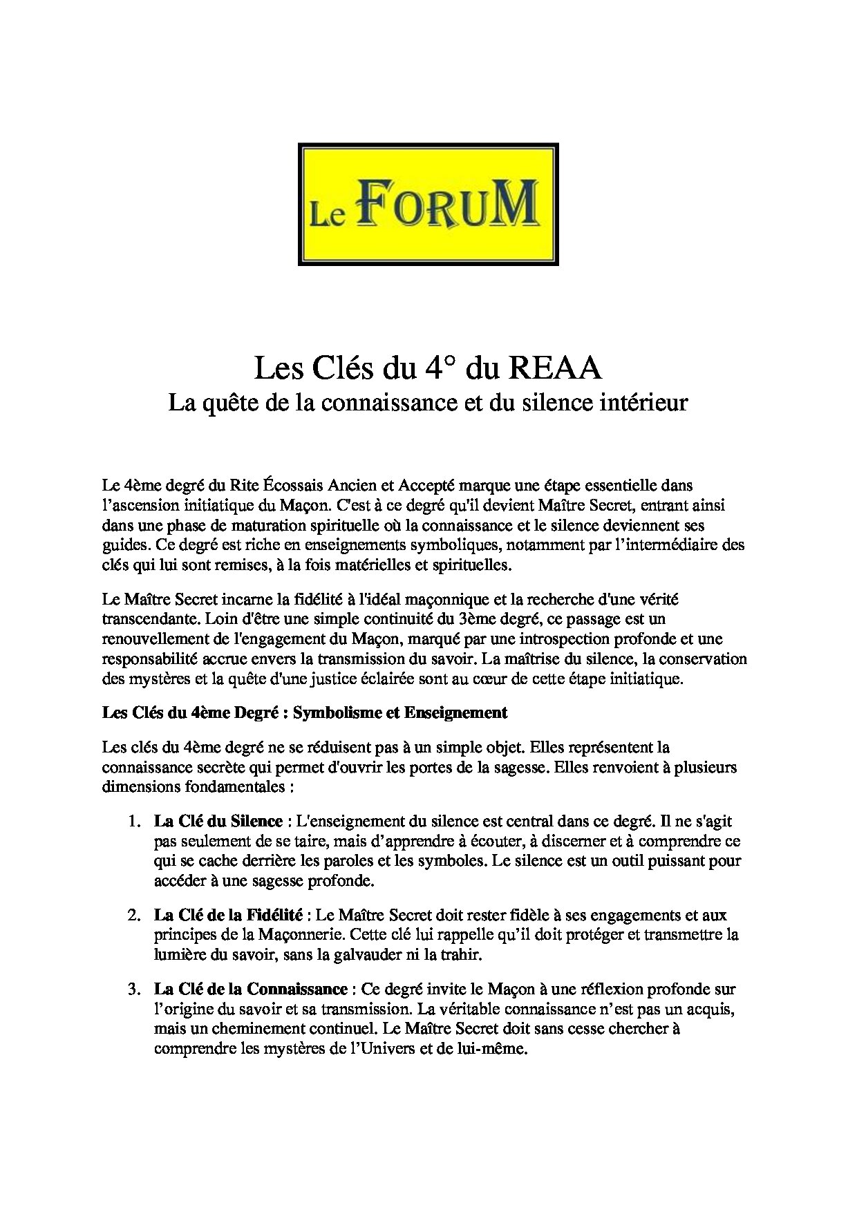 Les Clés du 4° du REAA - Le Forum FM
